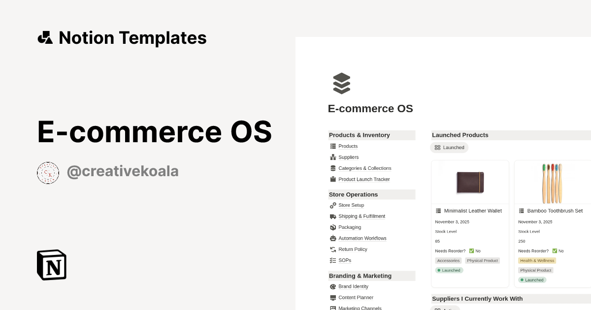 E-commerce OS Template by Creative Koala | Notion Marketplace