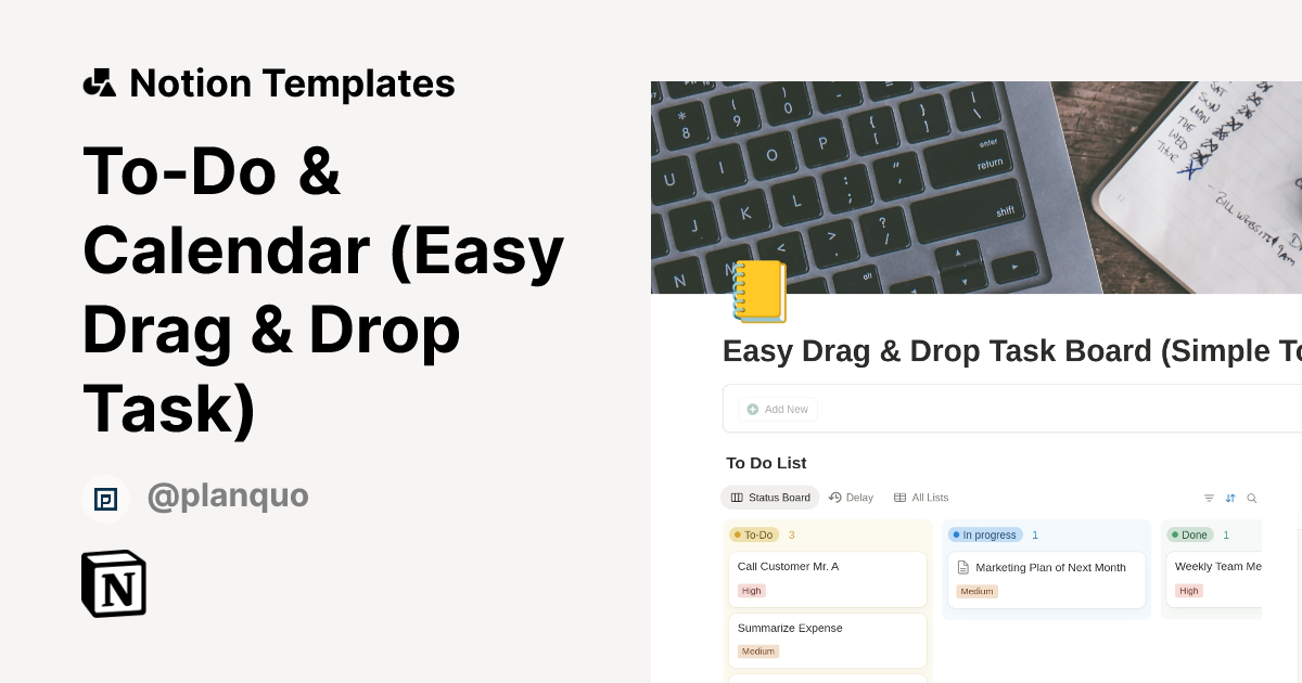To-Do & Calendar (Easy Drag & Drop Task) Template by Planquo | Notion ...