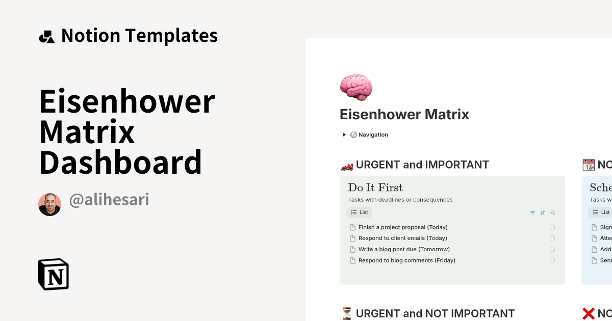 Eisenhower Matrix Dashboard Template by Ali Hesari | Notion Marketplace