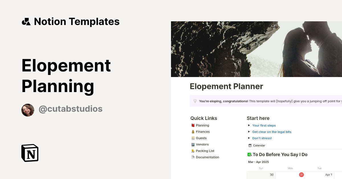 Elopement Planning Template | Notion Marketplace