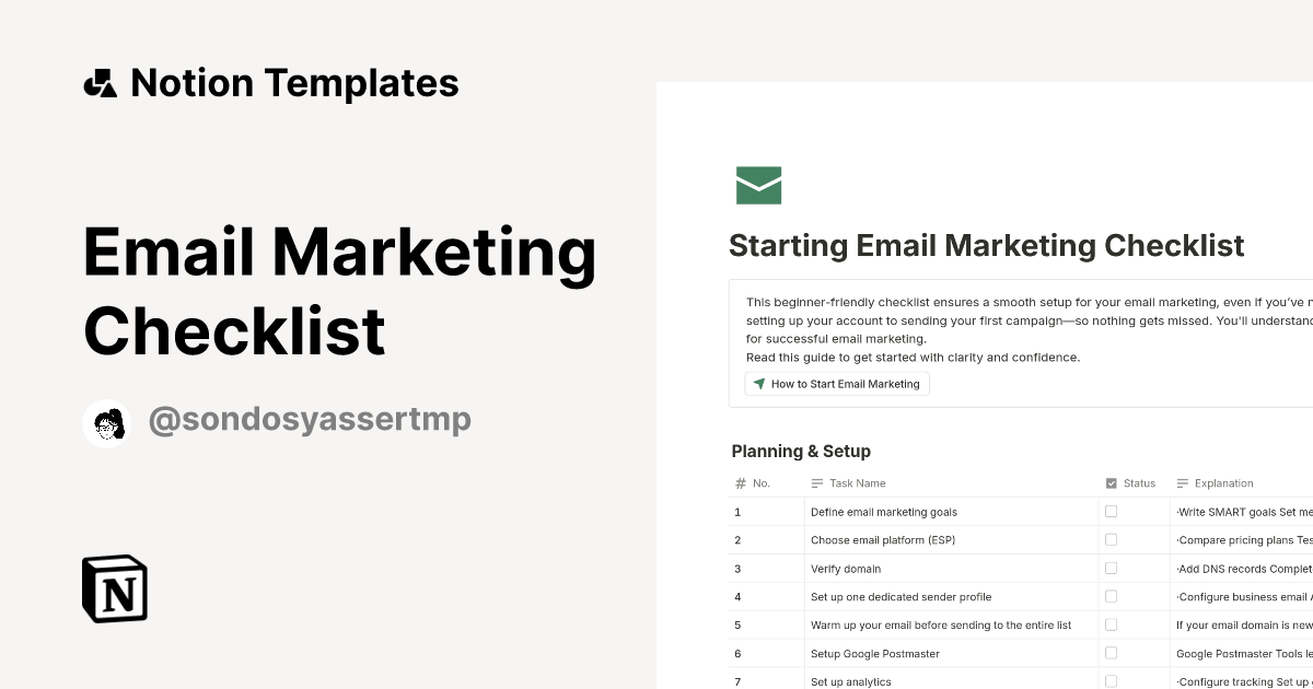 Email Marketing Checklist Template by Sondos Yasser | Notion Marketplace