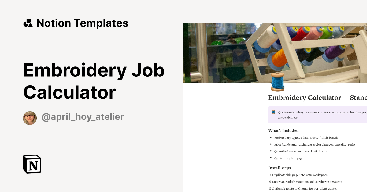Embroidery Job Calculator Template by April Hoy Atelier | Notion ...