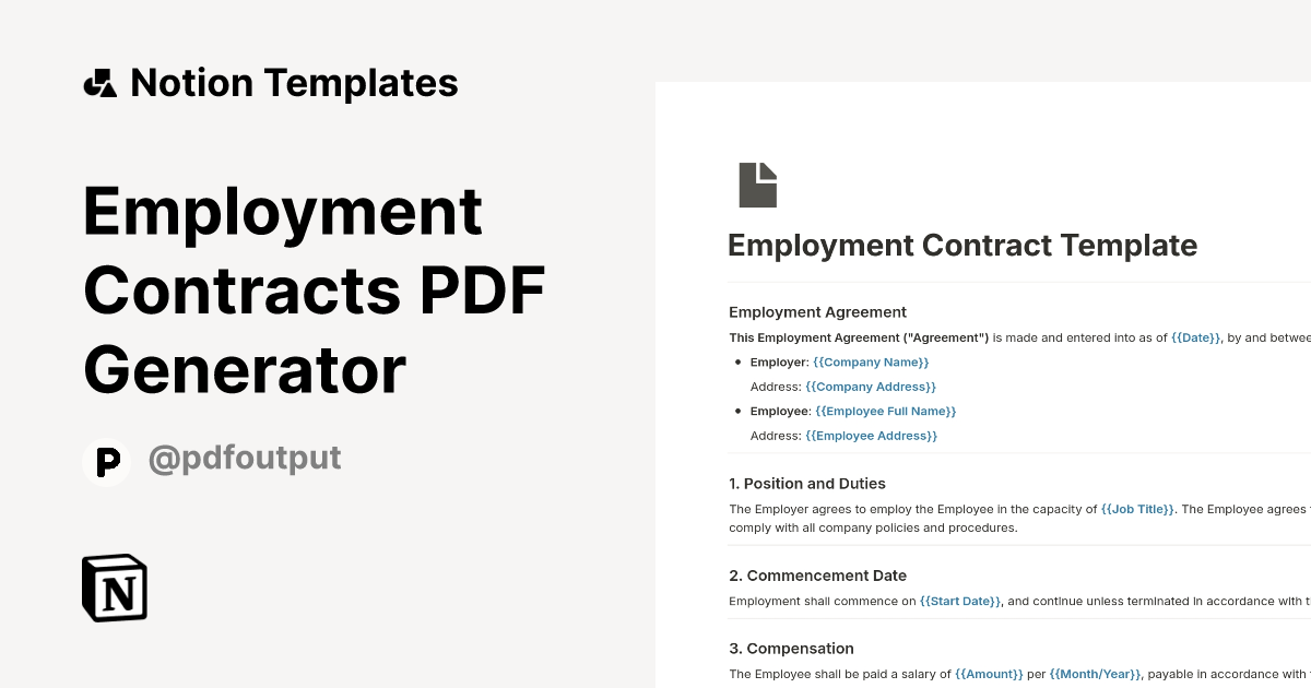 Employment Contracts PDF Generator Template by PDFOutput | Notion ...