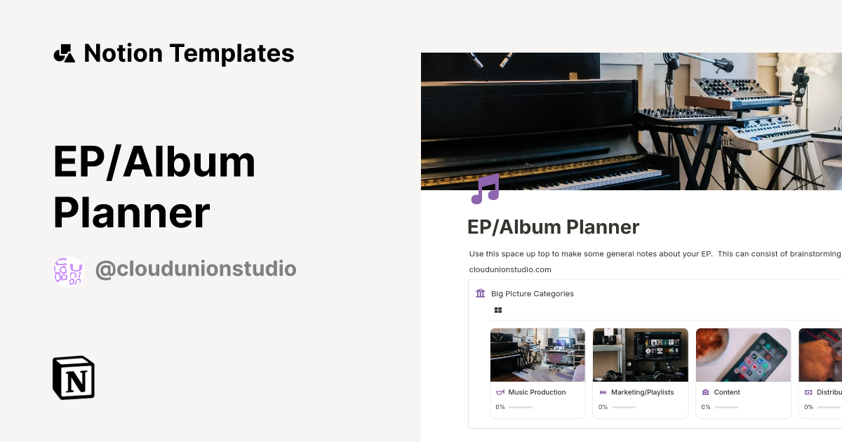 EP/Album Planner Template by Cloud Union Studio | Notion Marketplace