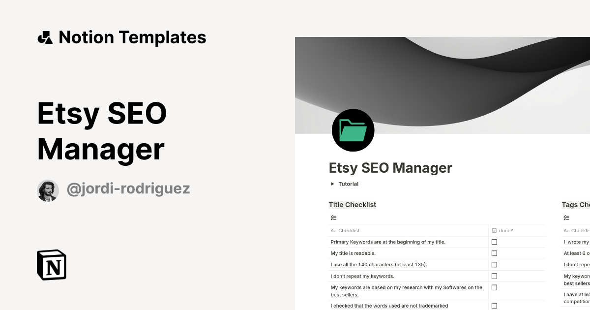 Etsy SEO Manager Template by Jordi Rodriguez | Notion Marketplace