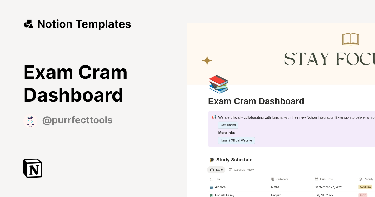 Exam Cram Dashboard Template by itsPurrfectt | Notion Marketplace