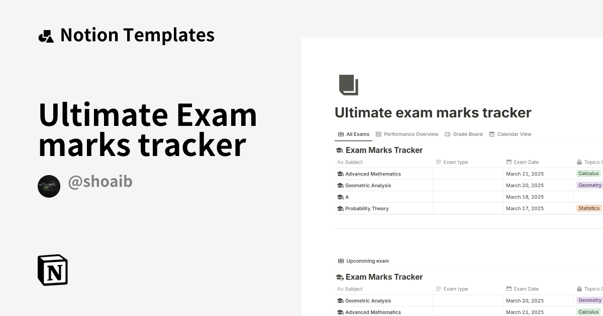 Ultimate Exam marks tracker Template by Shoaib | Notion Marketplace