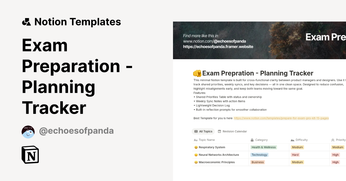 Exam Preparation - Planning Tracker Template | Notion Marketplace