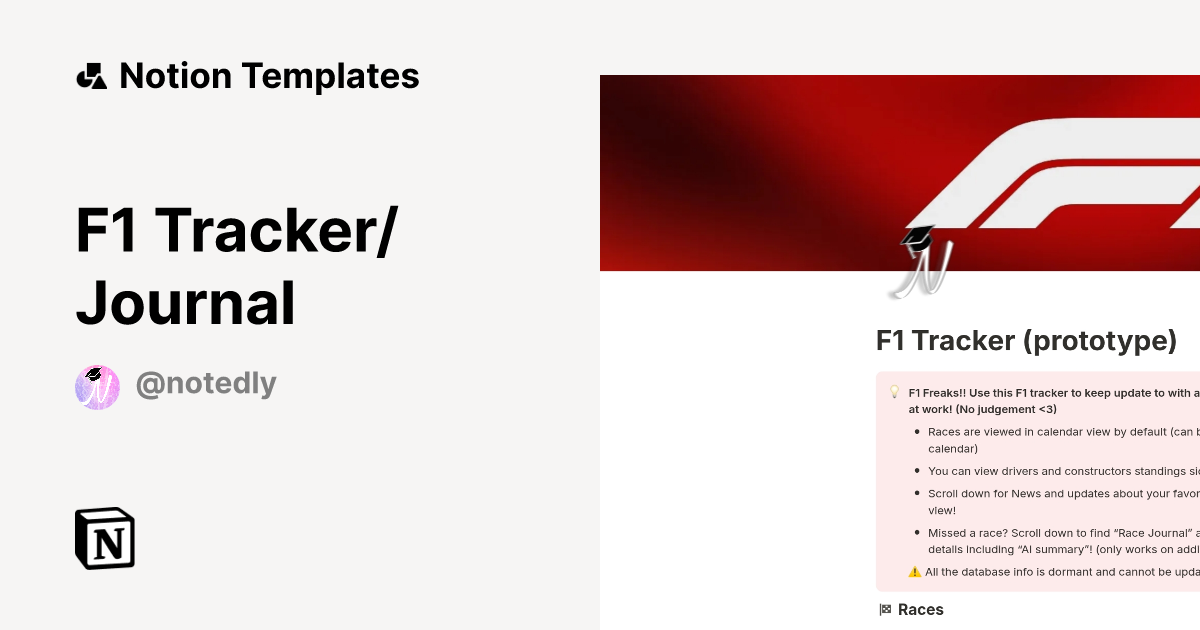 F1 Tracker/Journal Template by Notedly | Notion Marketplace