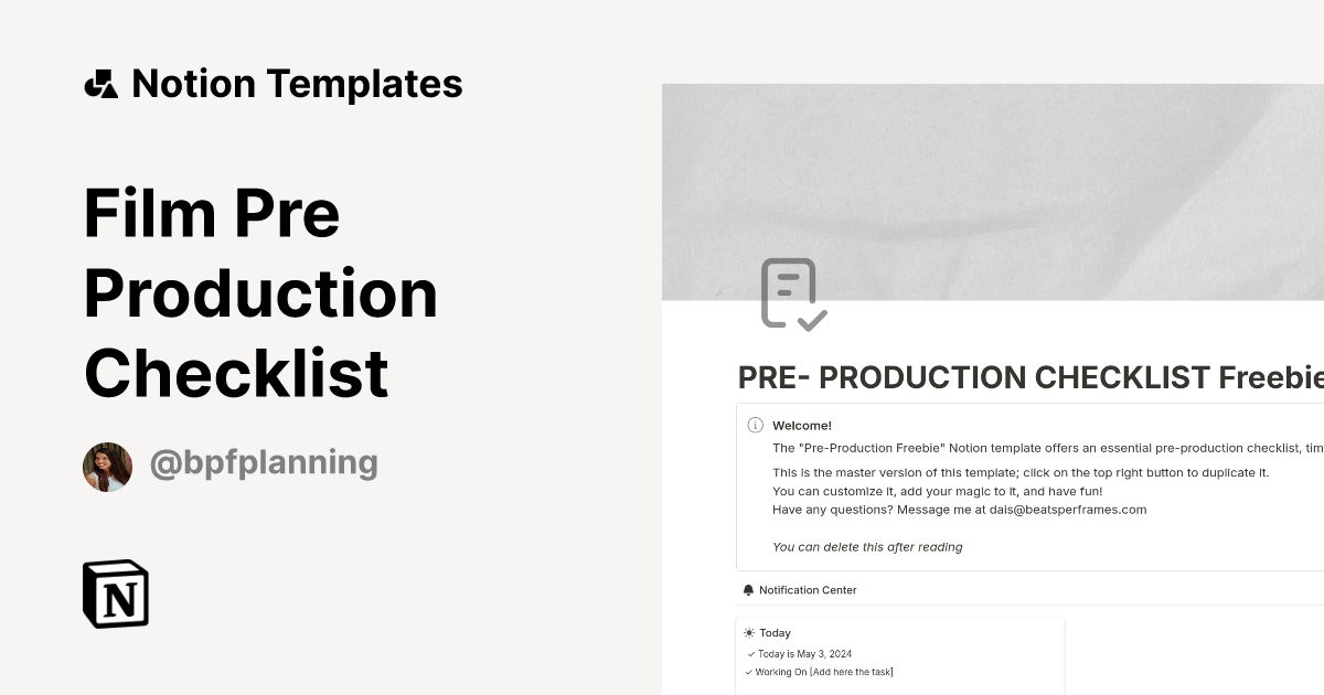 Film Pre Production Checklist Template | Notion Marketplace