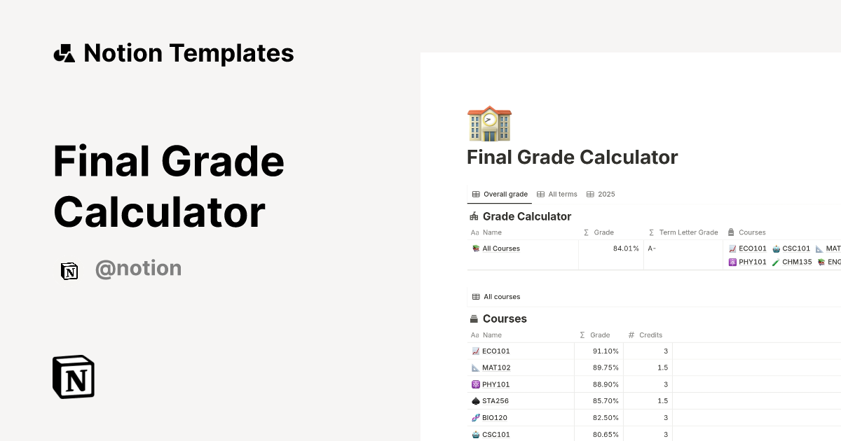 Final Grade Calculator 2026 Template | Notion Marketplace