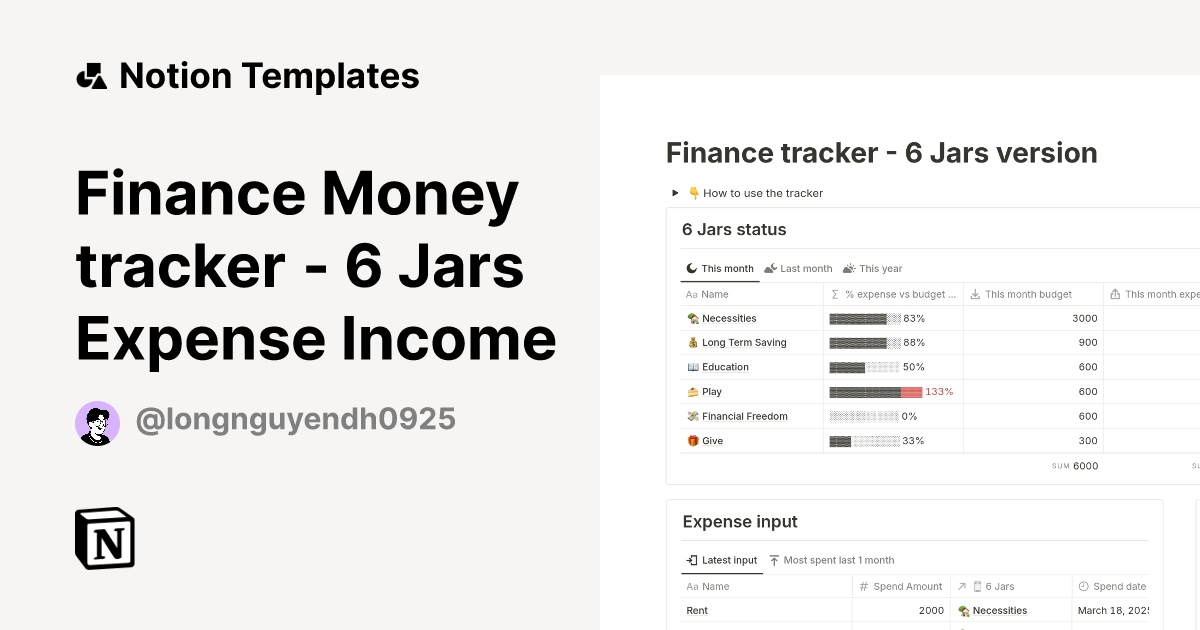 Finance Money tracker - 6 Jars Expense Income Template by Long Nguyen | Notion Marketplace