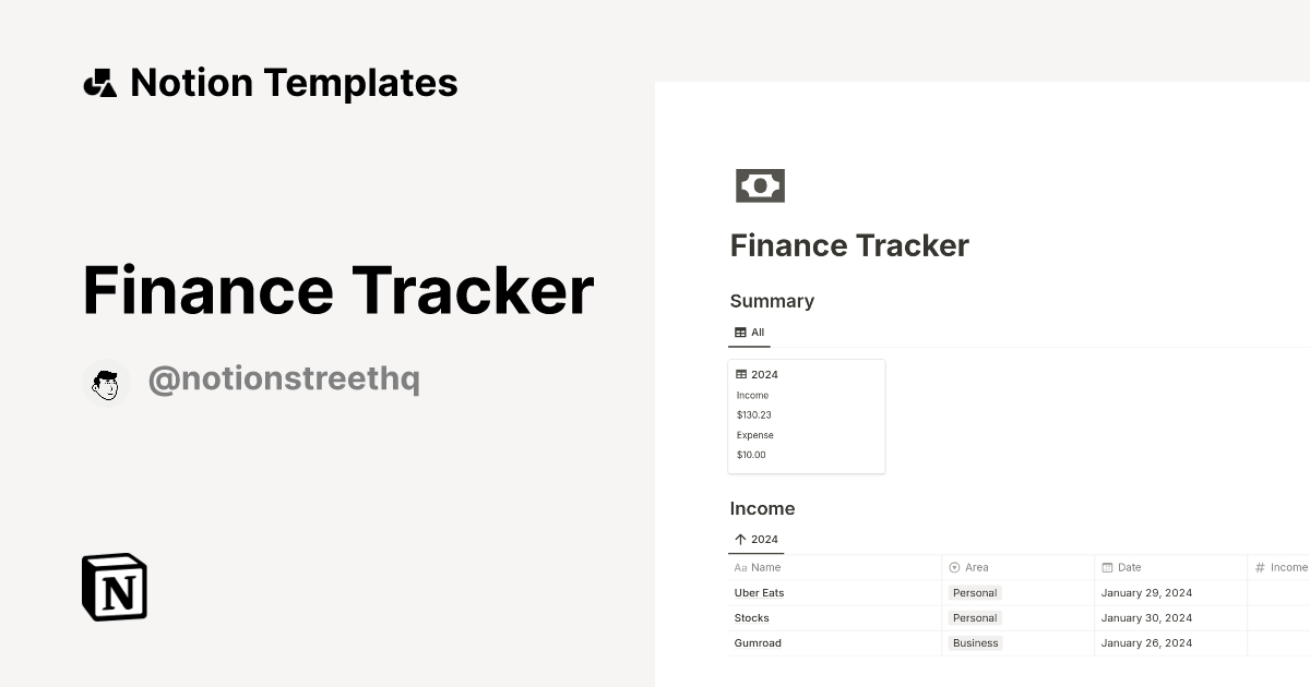 Finance Tracker Template by Notion Street | Notion Marketplace