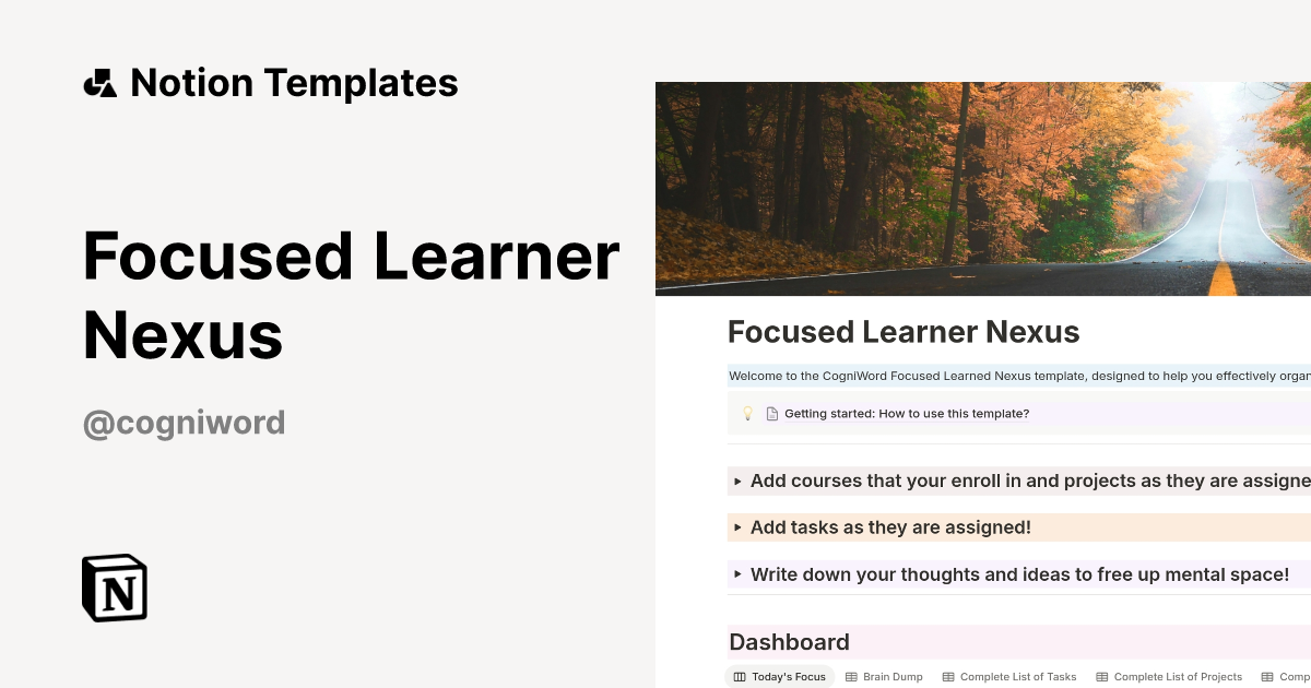 Focused Learner Nexus Template by CogniWord Frameworks | Notion Marketplace