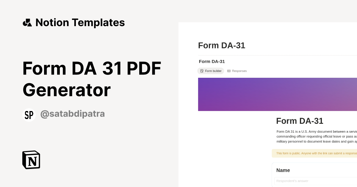 Form DA 31 PDF Generator Template | Notion Marketplace
