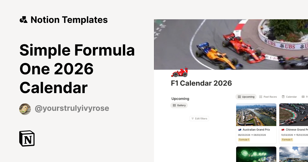 Simple Formula One 2026 Calendar Template | Notion Marketplace