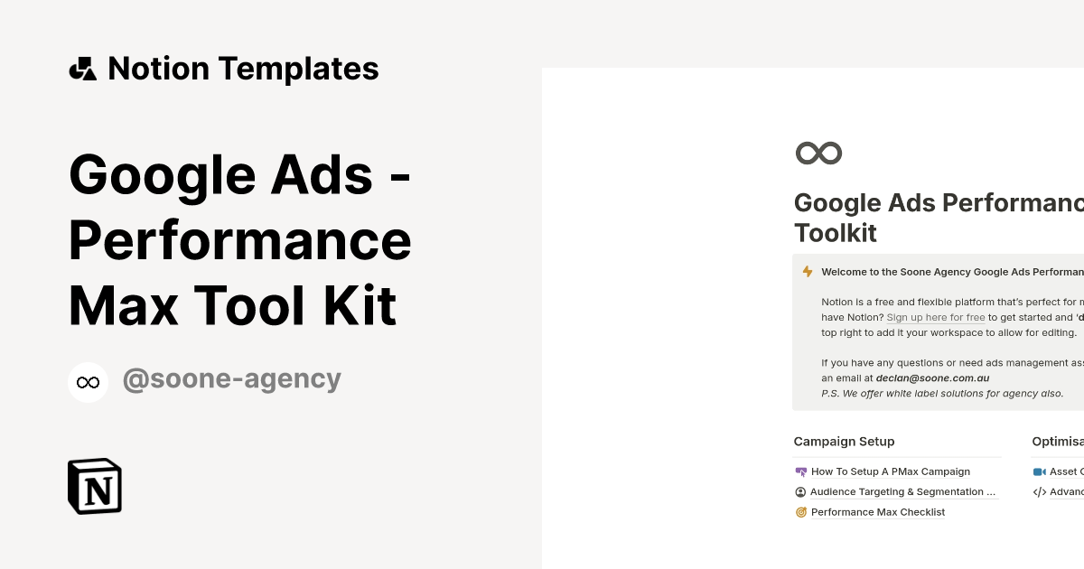 Google Ads - Performance Max Tool Kit Template by Soone Agency | Notion Marketplace