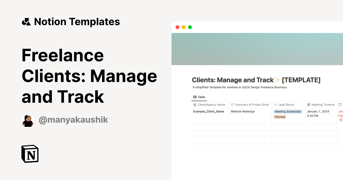 Freelance Clients: Manage and Track Template by Manya Kaushik | Notion Marketplace