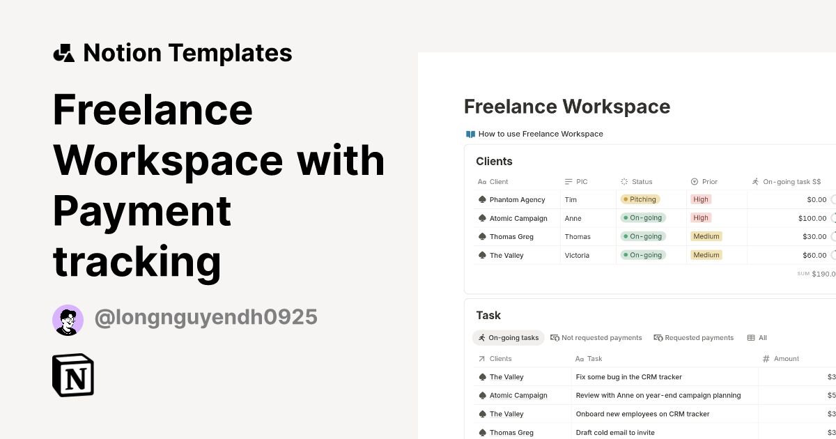 Freelance Workspace with Payment tracking Template | Notion Marketplace