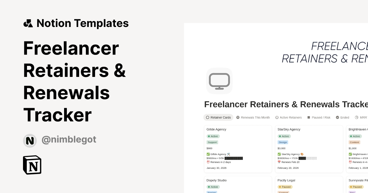 Freelancer Retainers & Renewals Tracker Template by NimbleGot | Notion ...