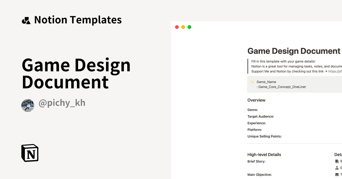 Game Design Document Template by pichy_kh | Notion Marketplace