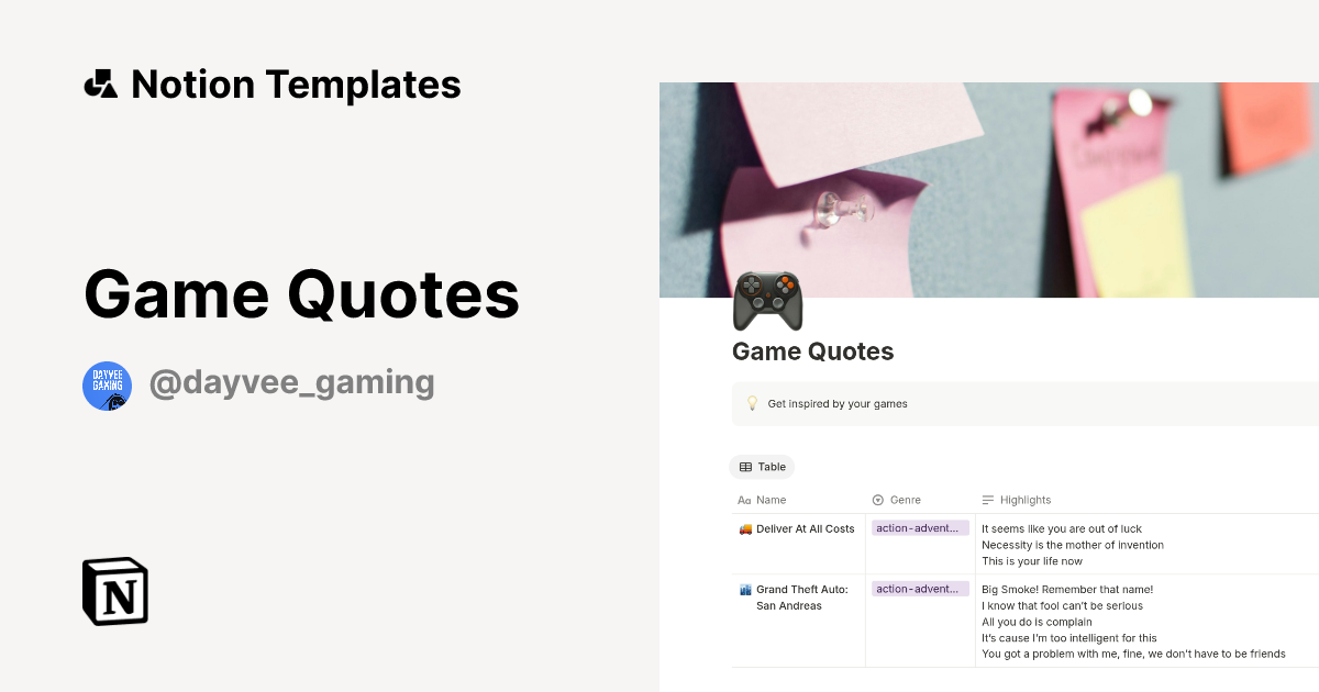 Game Quotes Template | Notion Marketplace