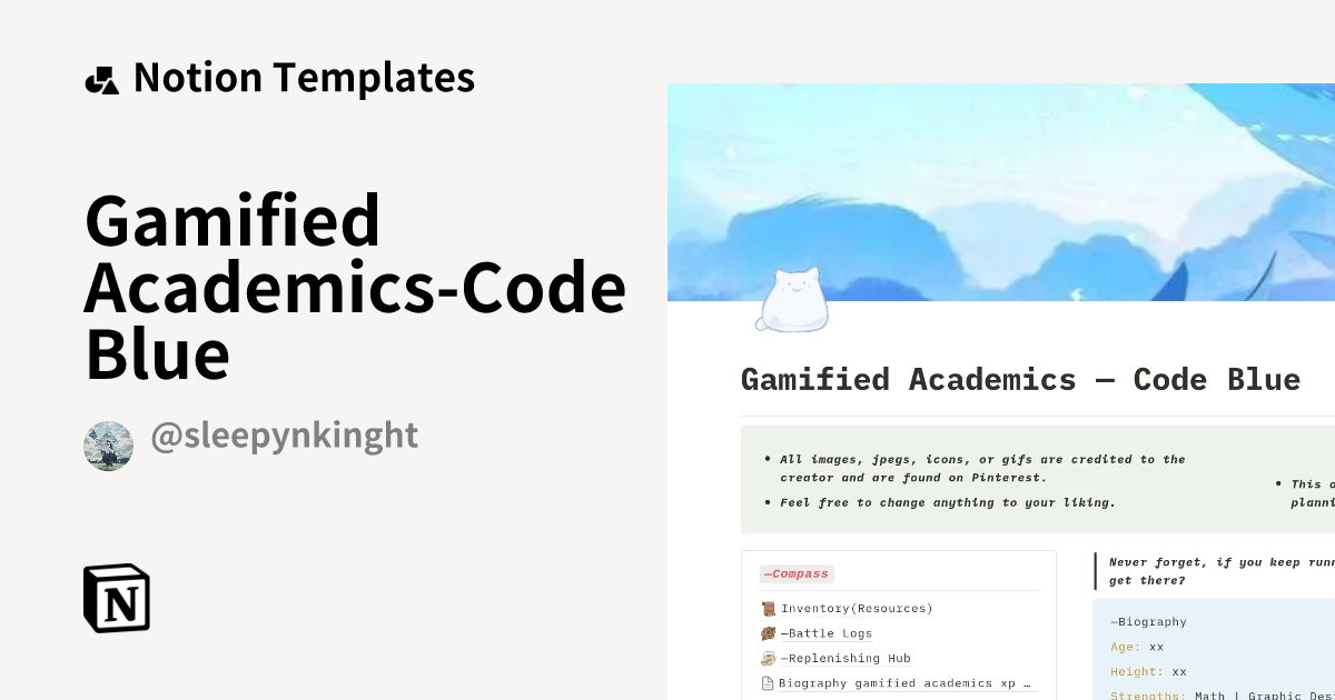 Gamified Academics-Code Blue Template by SleepyKnight | Notion Marketplace