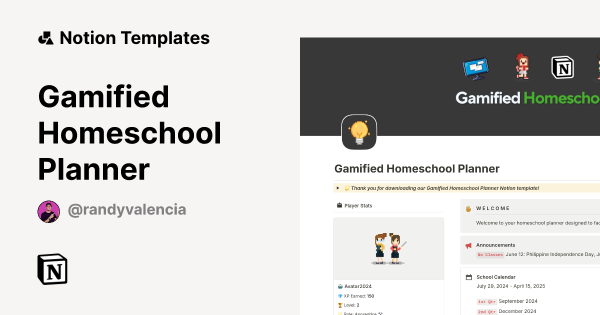 Gamified Homeschool Planner Template by Randy Valencia | Notion Marketplace