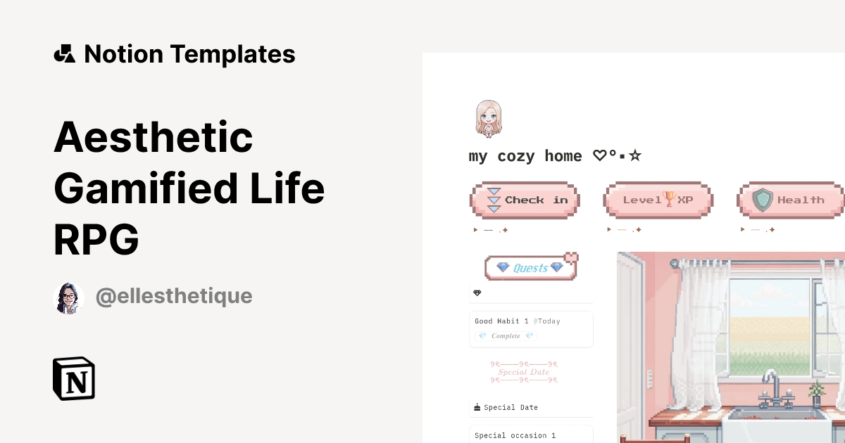 Aesthetic Gamified Life RPG Template by Elle~sthetique | Notion Marketplace