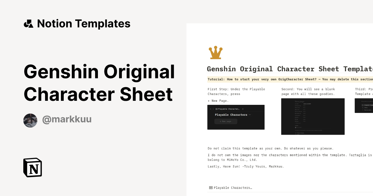 Genshin Original Character Sheet Template by Markkuu | Notion Marketplace
