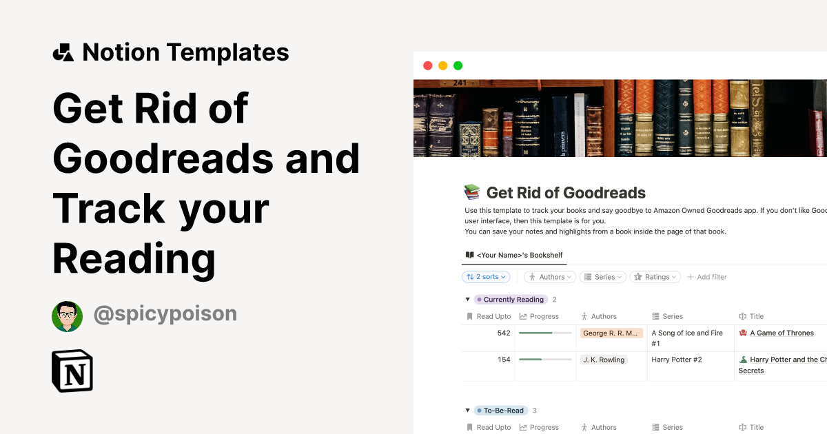Get Rid of Goodreads and Track your Reading Template by Spicy Poison | Notion Marketplace