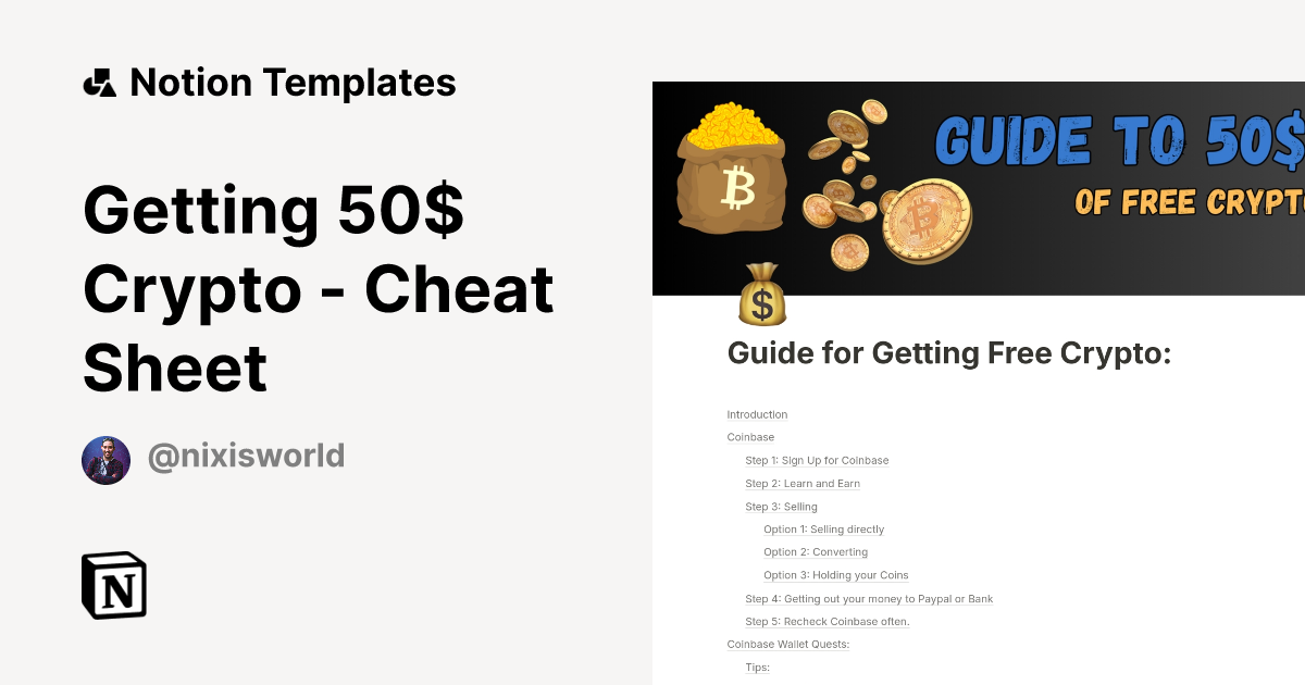 Getting 50$ Crypto - Cheat Sheet Template by Nixi | Crypto ⚡ | Notion Marketplace