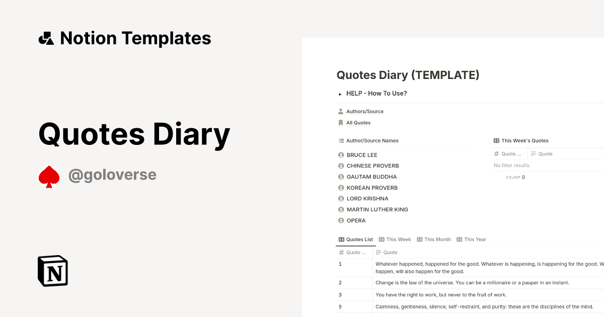 Quotes Diary Template by Goloverse | Notion Marketplace
