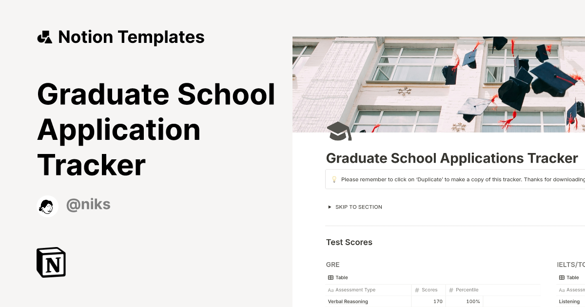 Graduate School Application Tracker Template by Niks | Notion Marketplace