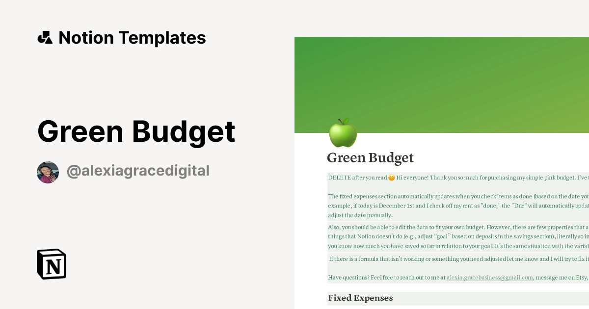 Green Budget Template by Alexia Grace | Notion Marketplace