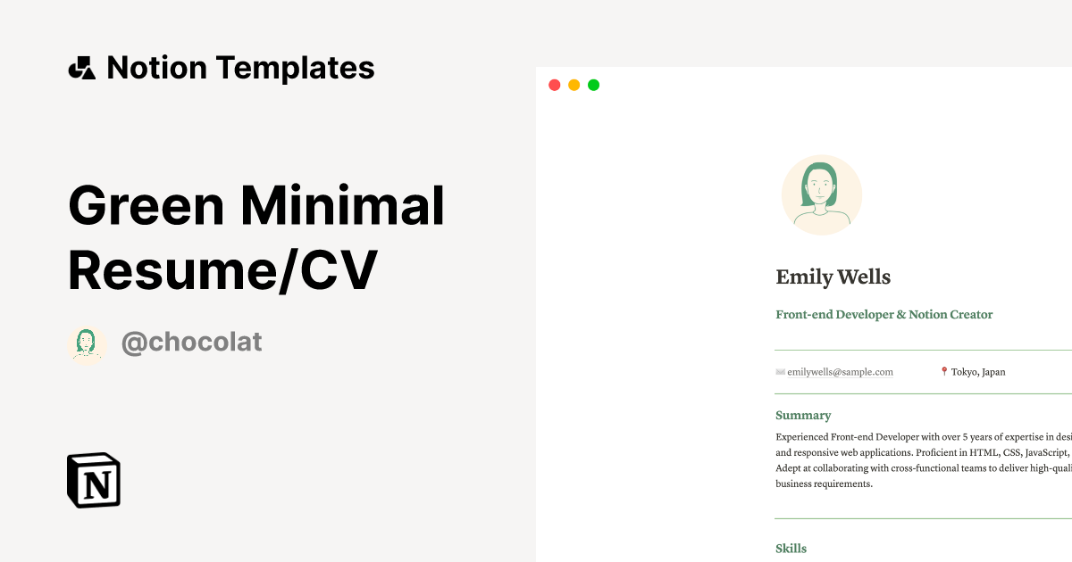 Green Minimal Resume/CV Template by chocolat | Notion Marketplace