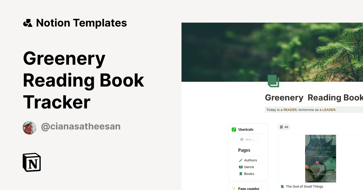Greenery Reading Book Tracker Template by Ciana Satheesan | Notion ...