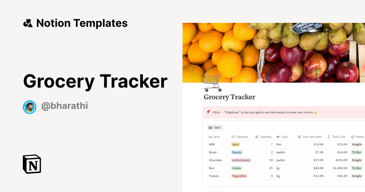 Grocery Tracker Template by Bharathi | Notion Marketplace