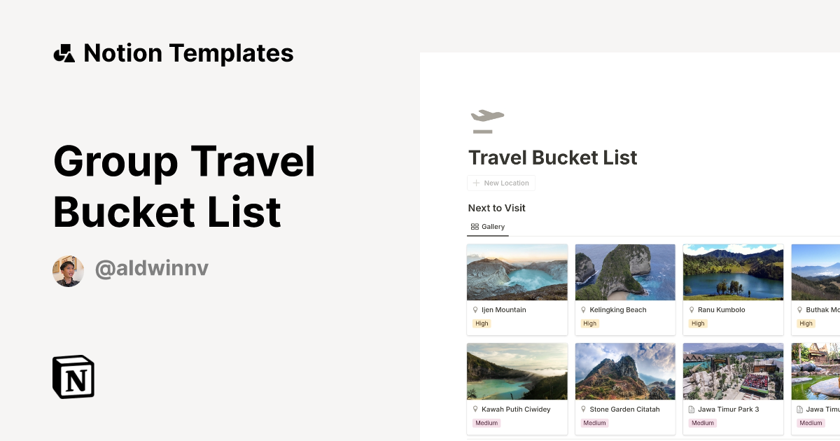 Group Travel Bucket List Template by Aldwin Nou | Notion Marketplace