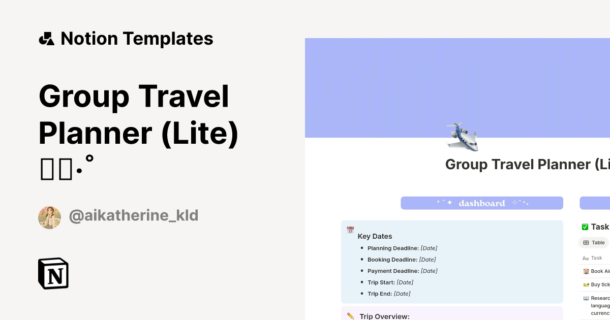 Group Travel Planner (Lite) ੈ ‧˚ Template by aikatherine | Notion Marketplace