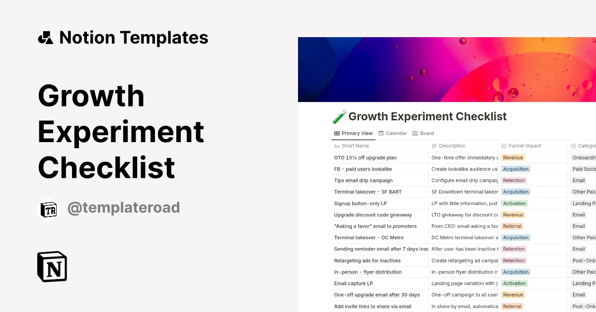 Growth Experiment Checklist Template by Template Road | Notion Marketplace