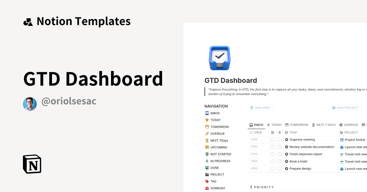 GTD Dashboard Template by Oriol Sesac | Notion Marketplace