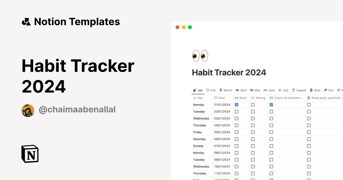 Habit Tracker 2024 Template by Chaïmaâ Benallal | Notion Marketplace