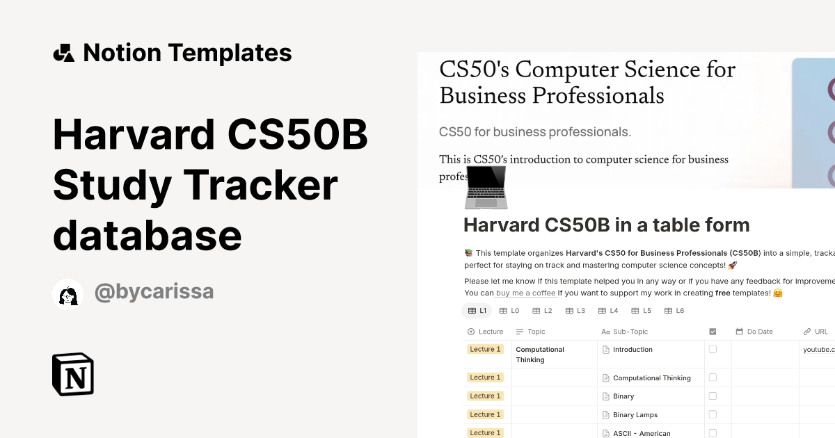 Harvard CS50B Study Tracker database Template by Carissa | Notion ...