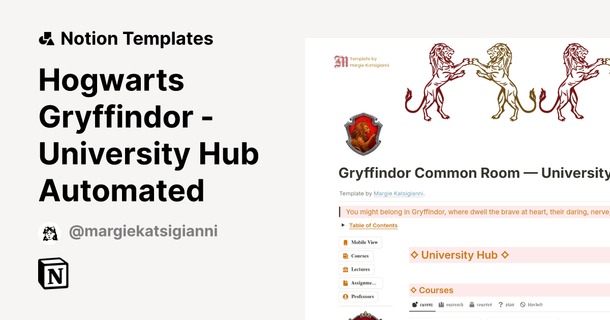 Hogwarts Gryffindor - University Hub Automated Template | Notion Marketplace