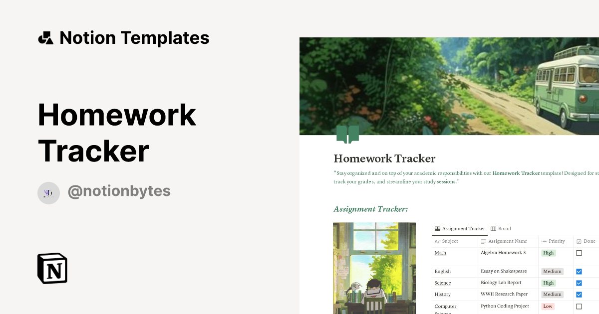 Homework Tracker Template by Notion Bytes | Notion Marketplace