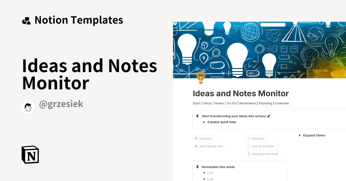 Ideas and Notes Monitor Template by Grzesiek | Fibon | Notion Marketplace