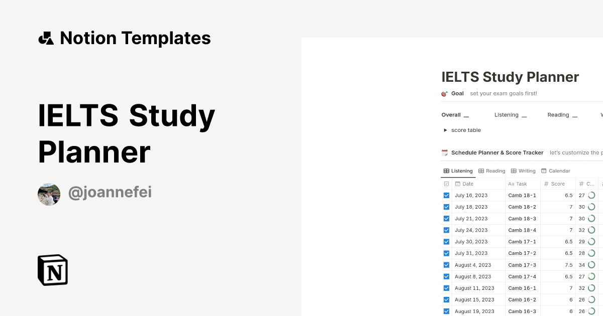 IELTS Study Planner Template by Joanne fei | Notion Marketplace