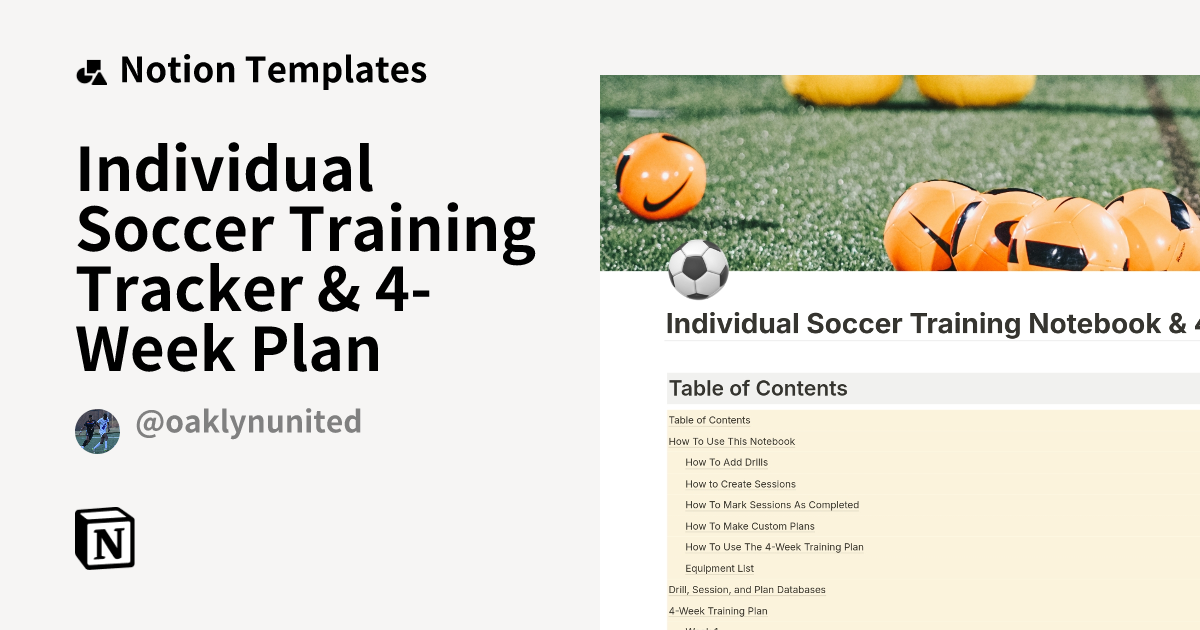 Individual Soccer Training Tracker & 4-Week Plan Template by Oaklyn United FC | Notion Marketplace