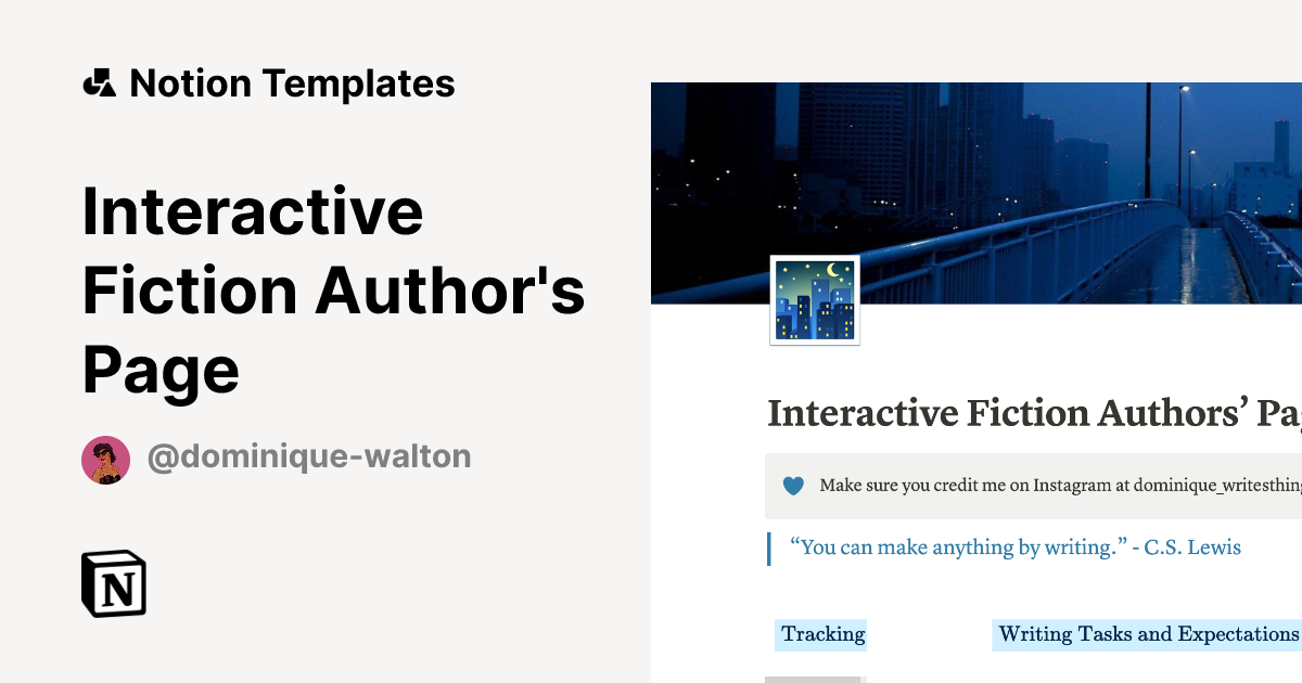 Interactive Fiction Author's Page Template by Dominique Walton | Notion ...